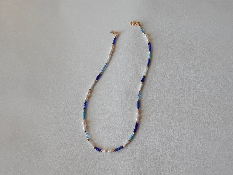 Italian Tiles Necklace Blue, White, Gold, and White Freshwater Pearls ...