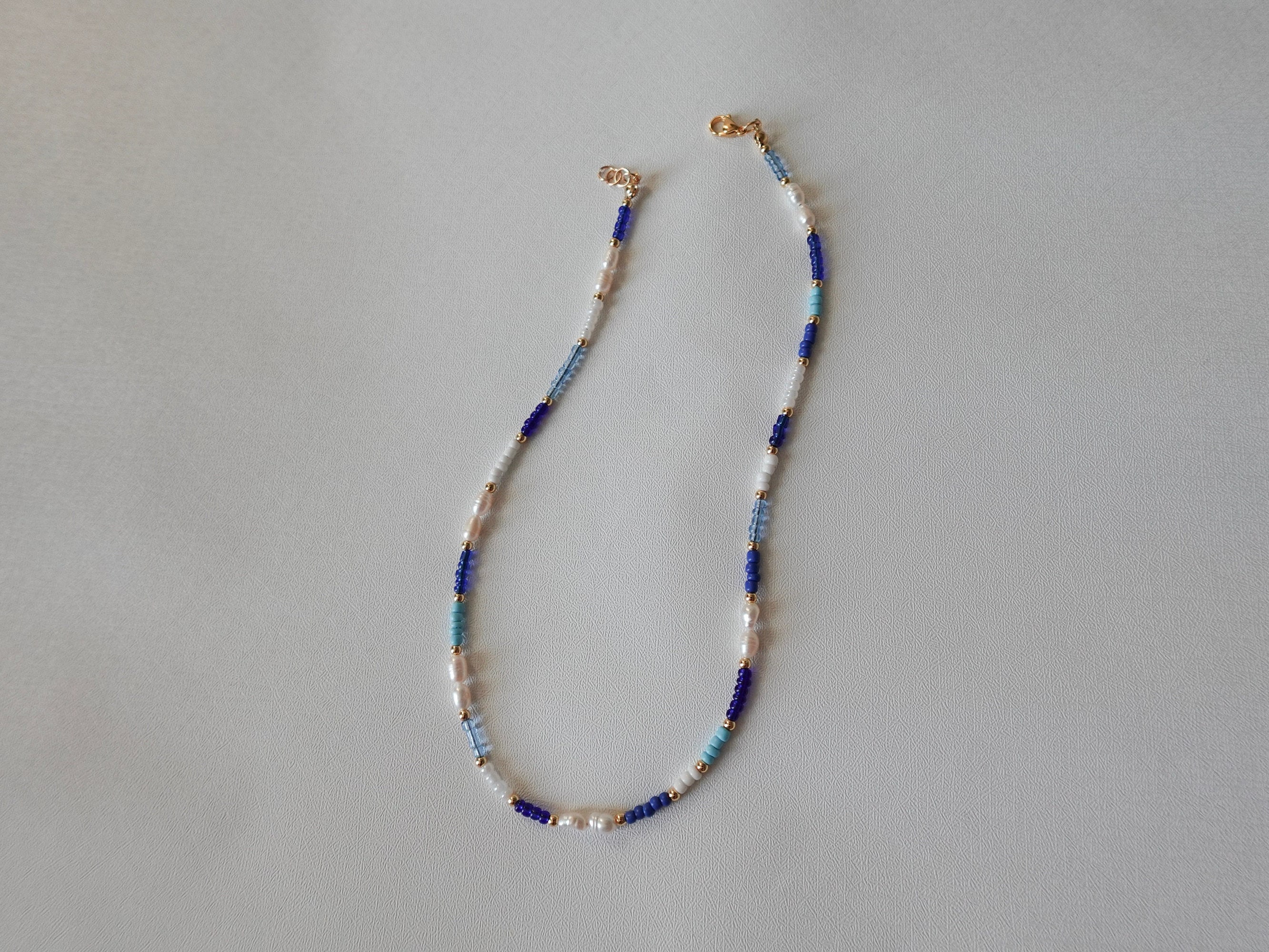 Italian Tiles Necklace Blue, White, Gold, and White Freshwater Pearls ...