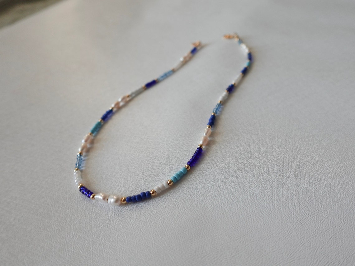 Italian Tiles Necklace Blue, White, Gold, and White Freshwater Pearls ...