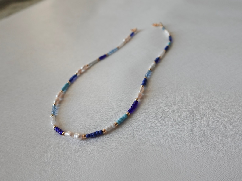 Italian Tiles Necklace Blue, White, Gold, and White Freshwater Pearls ...