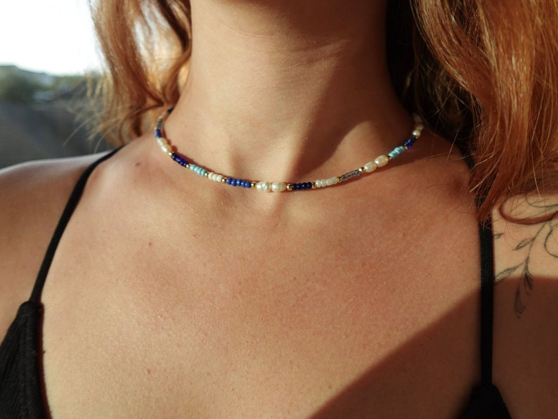 Italian Tiles Necklace Blue, White, Gold, and White Freshwater Pearls ...