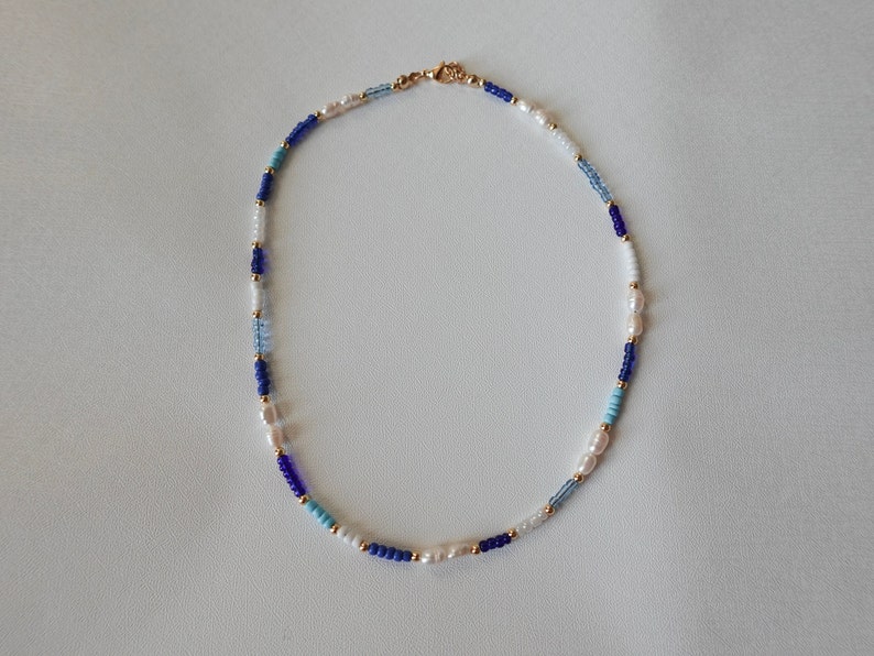 Italian Tiles Necklace Blue, White, Gold, and White Freshwater Pearls ...