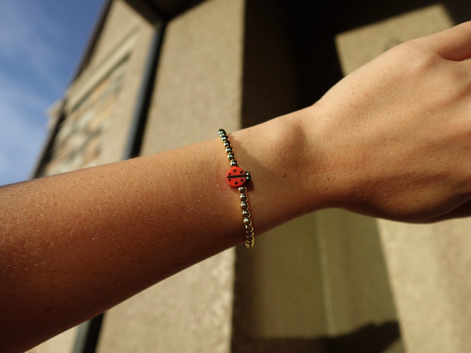 Gold Ladybug Bracelet | 18k Gold Filled Beads, Ladybug Beaded Bracelet ...
