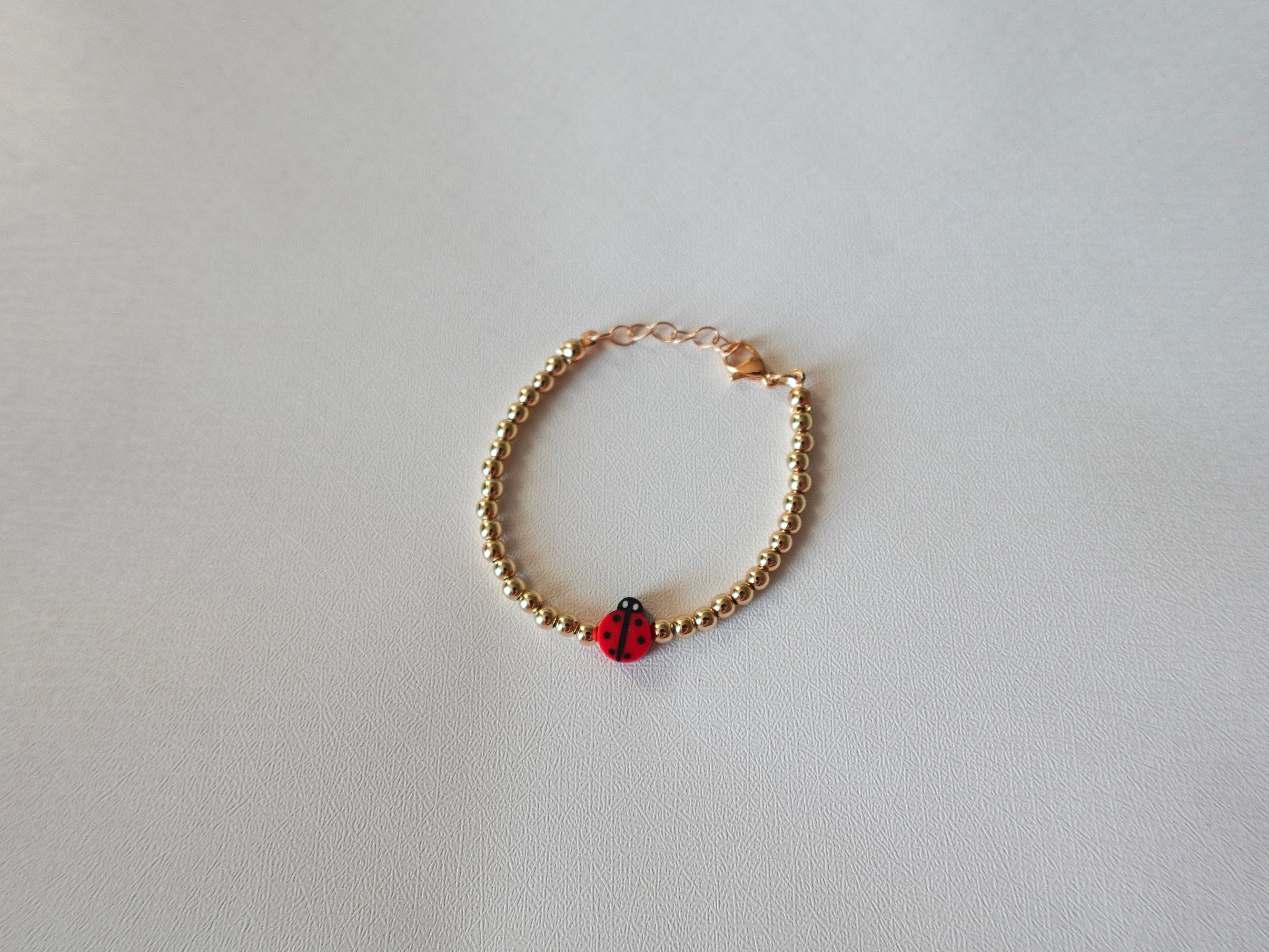 Gold Ladybug Bracelet | 18k Gold Filled Beads, Ladybug Beaded Bracelet ...