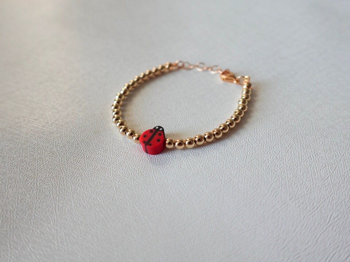 Gold Ladybug Bracelet | 18k Gold Filled Beads, Ladybug Beaded Bracelet ...