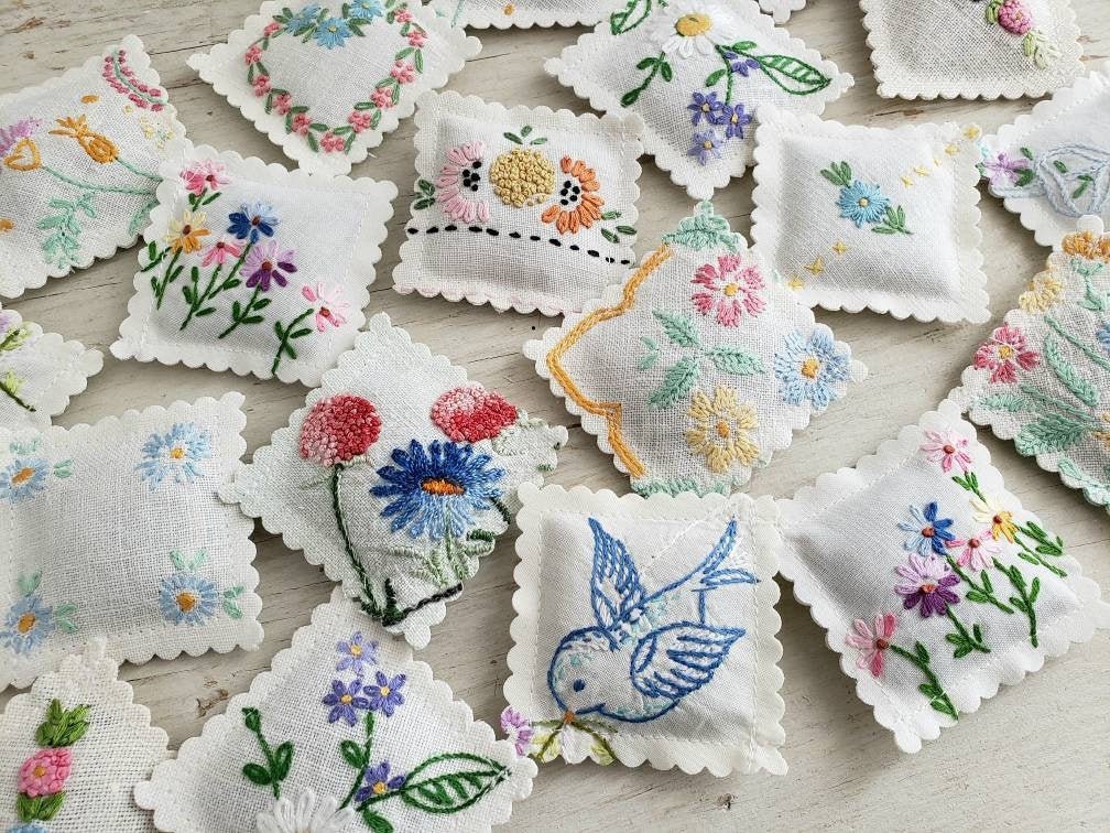 10 LAVENDER SACHETS Embroidered Vintage Textiles FREE Shipping - Etsy