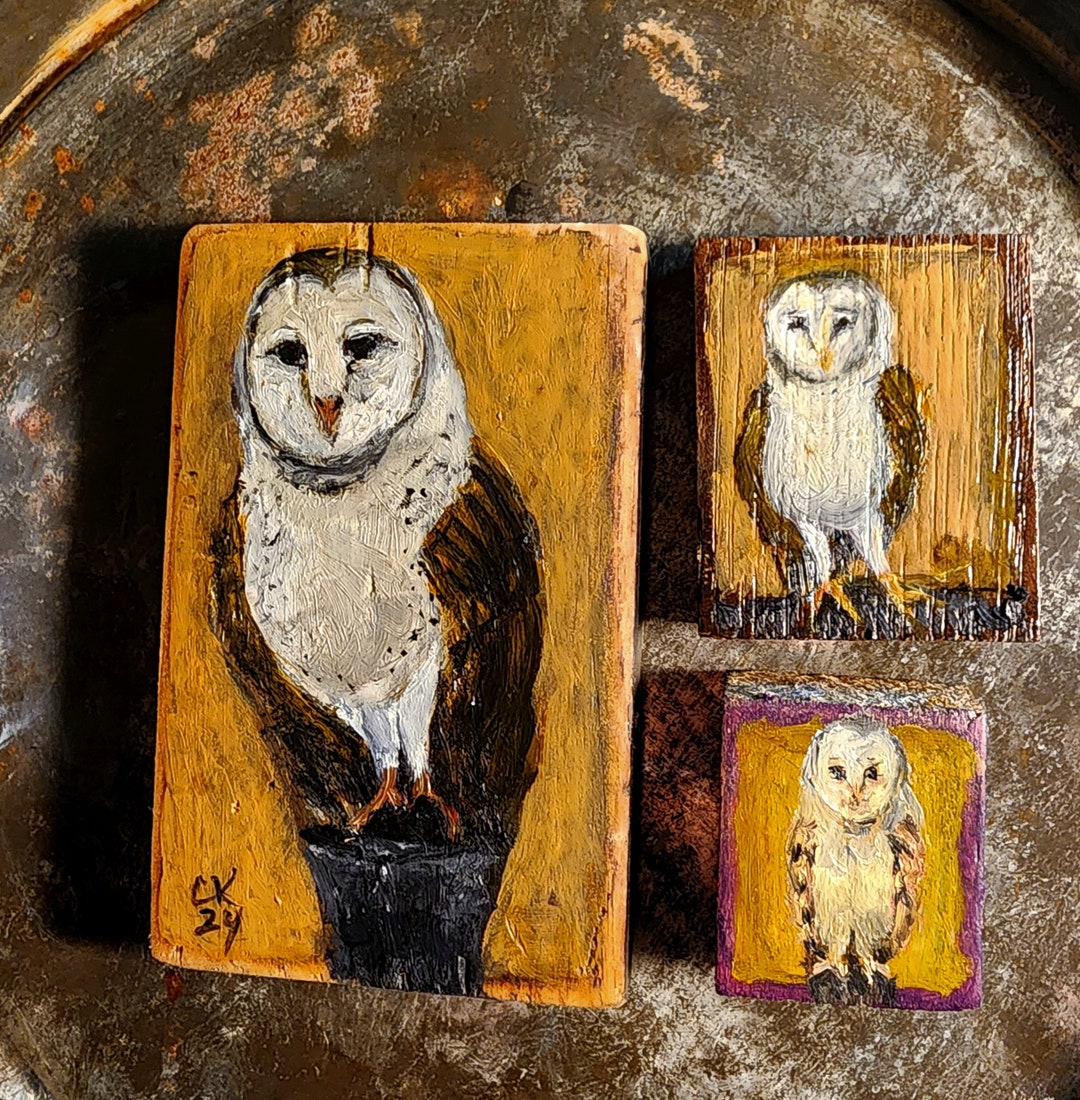 Group of Three Barn Owls on Old Wood. - Etsy