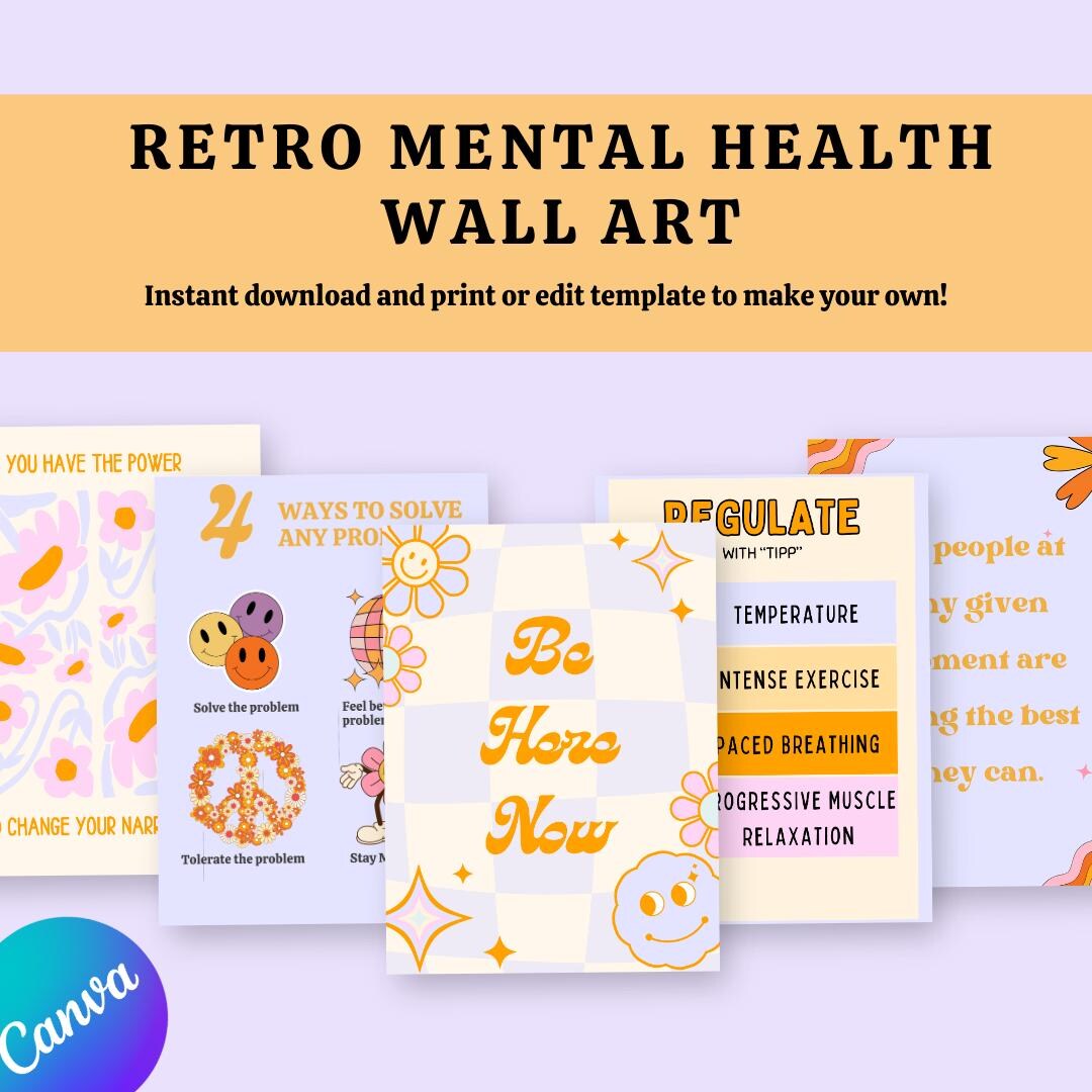Retro-inspired Mental Health & DBT Printable Wall Art – Editable Canva ...