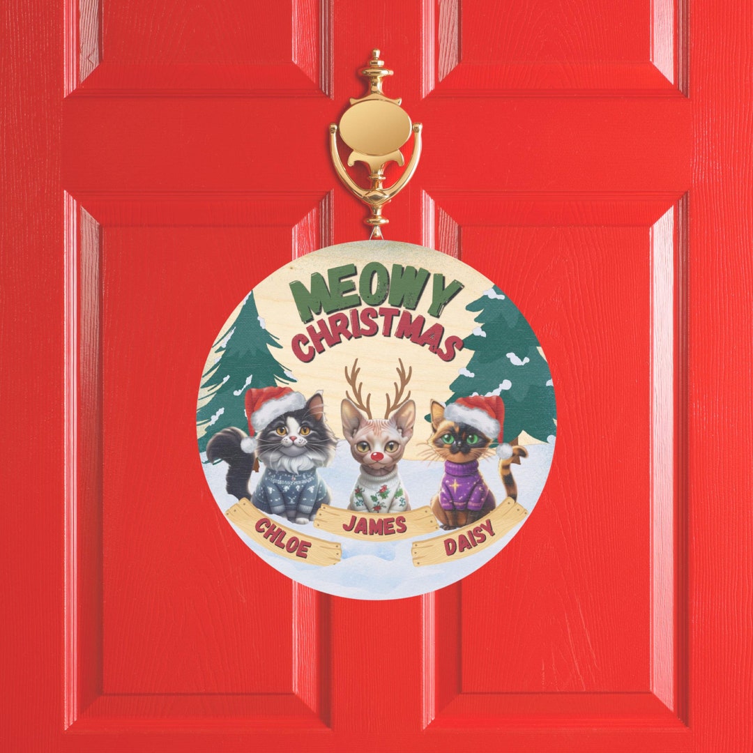 Personalized Meowy Christmas Door Sign - up to 3 Cats With Names ...
