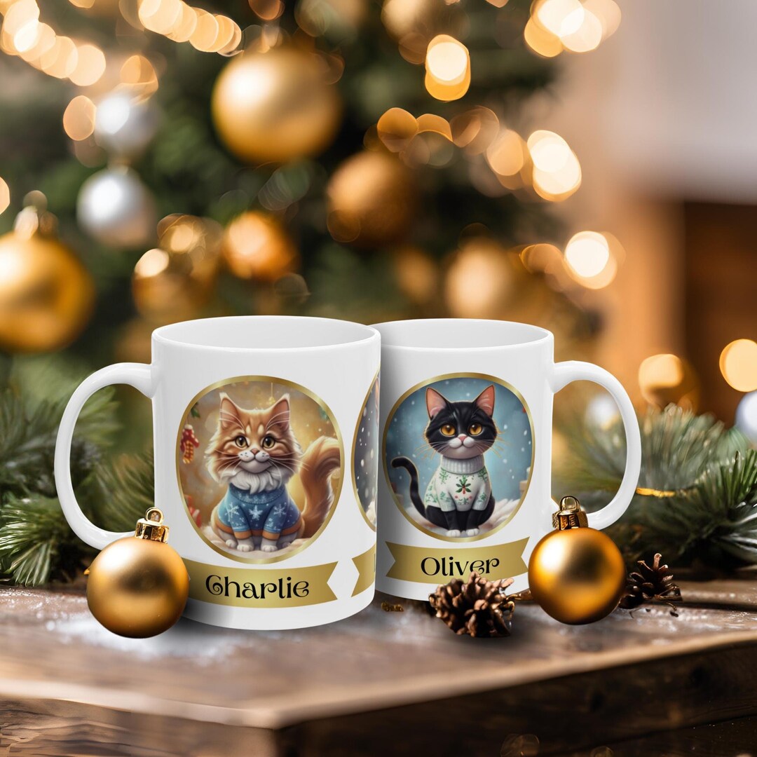 Personalized Christmas Cat Mug - Custom Ceramic Mug With up to 3 Cats ...