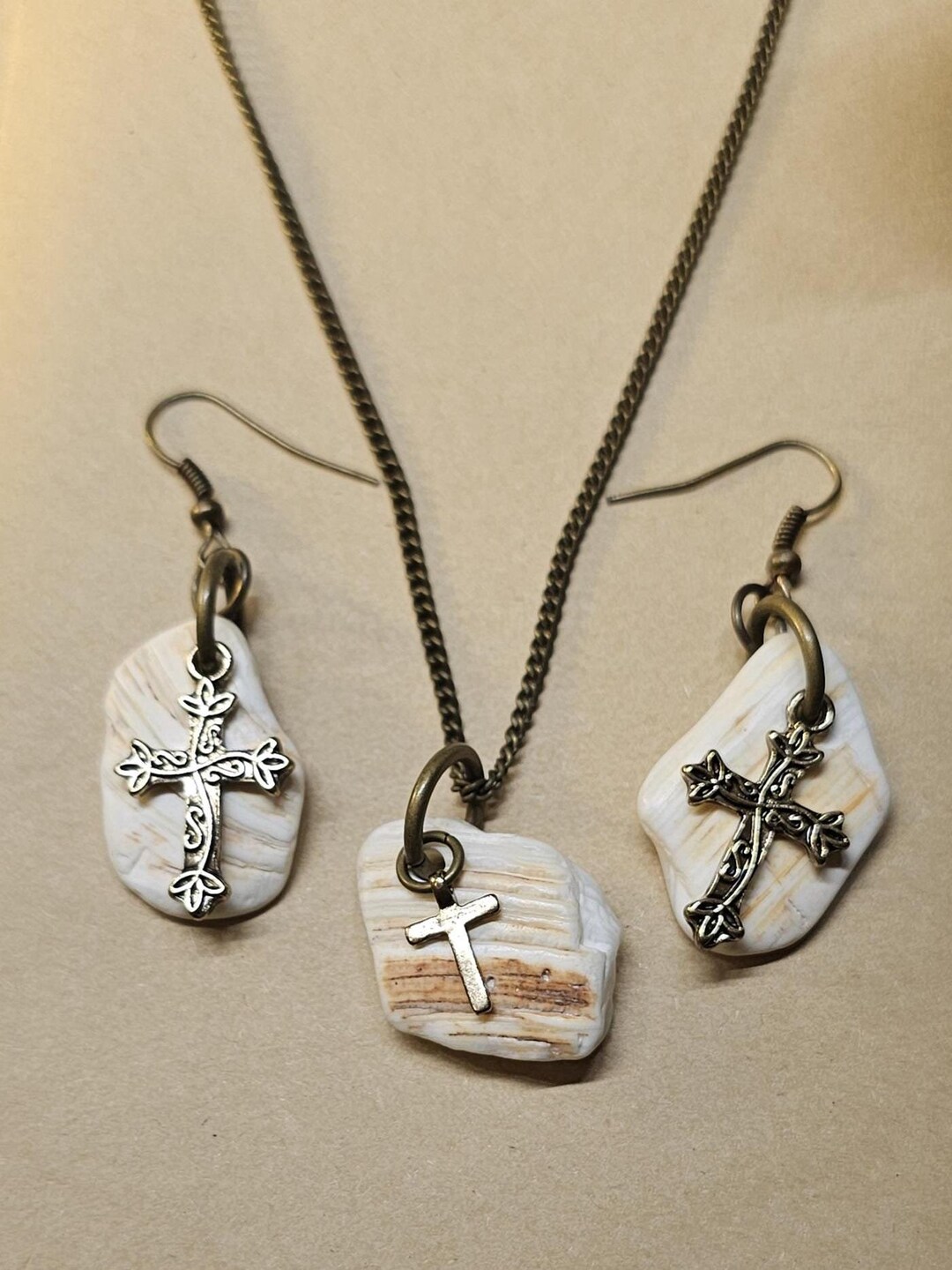 Seashell Shards Chips and Cross Antique Brass Chain Necklace and ...