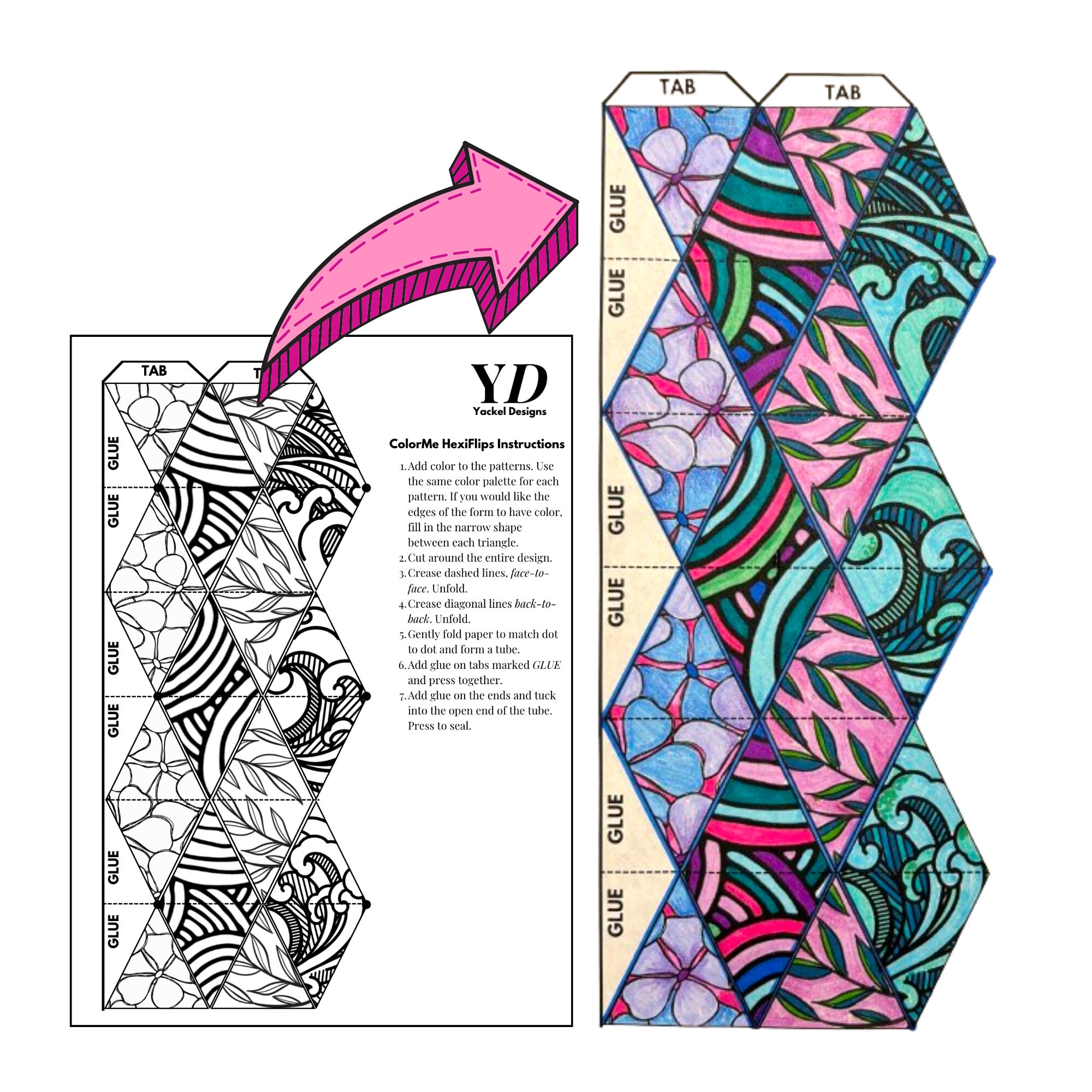 Colorme Hexaflips: Kaleidocycle Coloring Kit, Flexagon Origami Project ...
