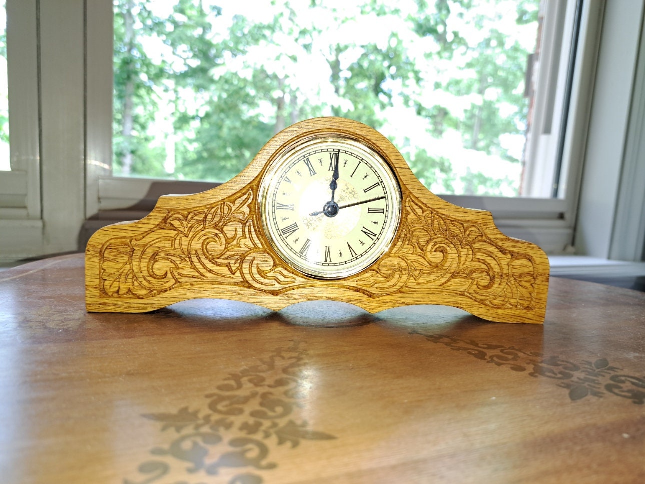 Red Oak Mantle Clock: Small Carved Wood Desk Decor - Etsy