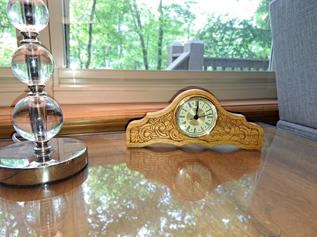 Red Oak Mantle Clock: Small Carved Wood Desk Decor - Etsy