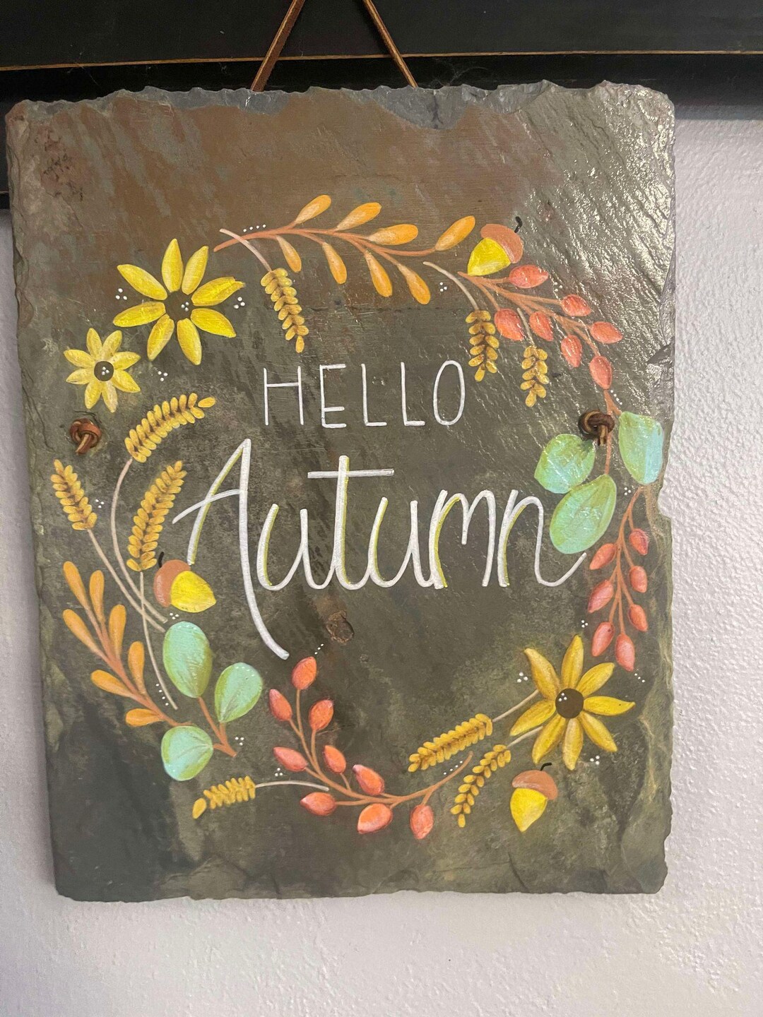 Autumn Door Wreath Welcome Sign, Painted Slate Sign, Outdoor Sign, Fall ...