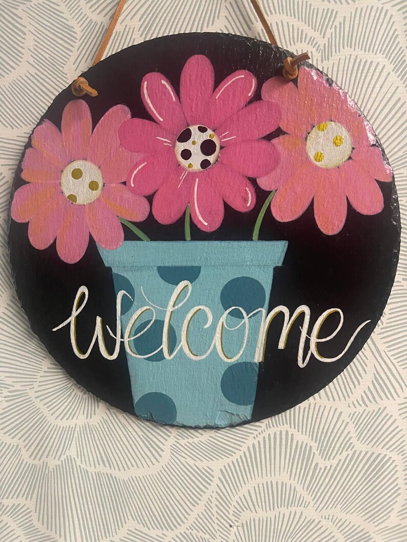 Large Round Painted Slate Hanging Welcome Sign, Outdoor Sign, Porch and ...