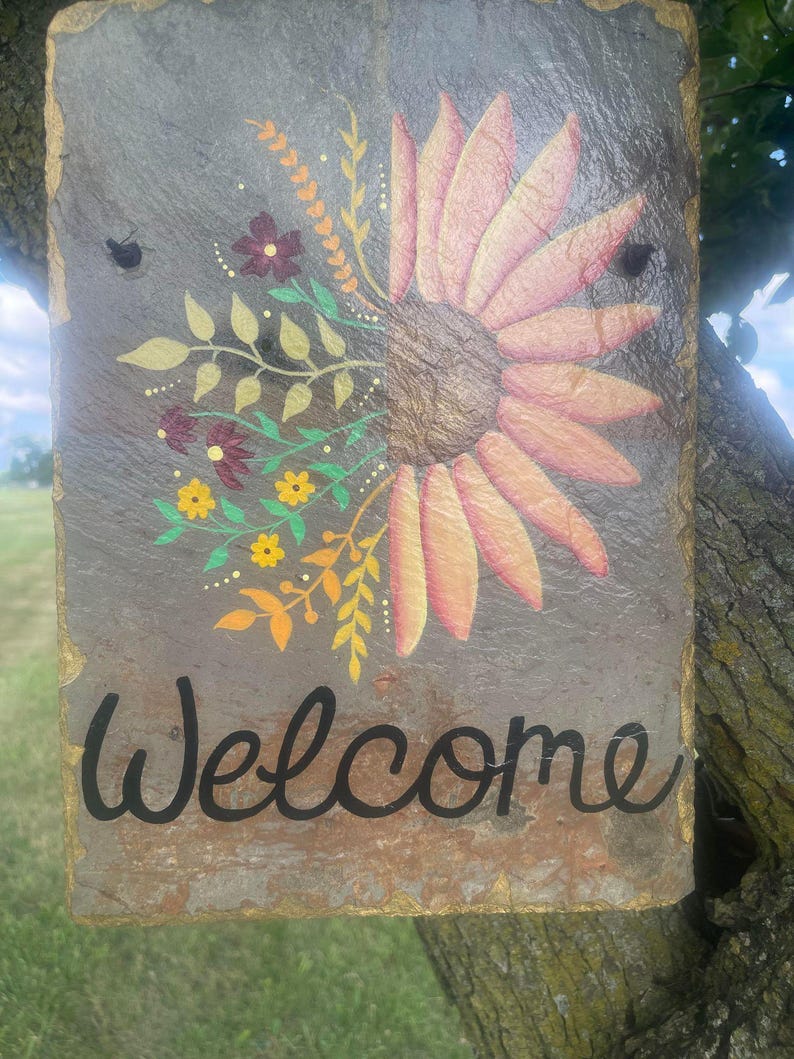 Sunflower and Wildflower Welcome Painted Slate Sign. Home Decor ...