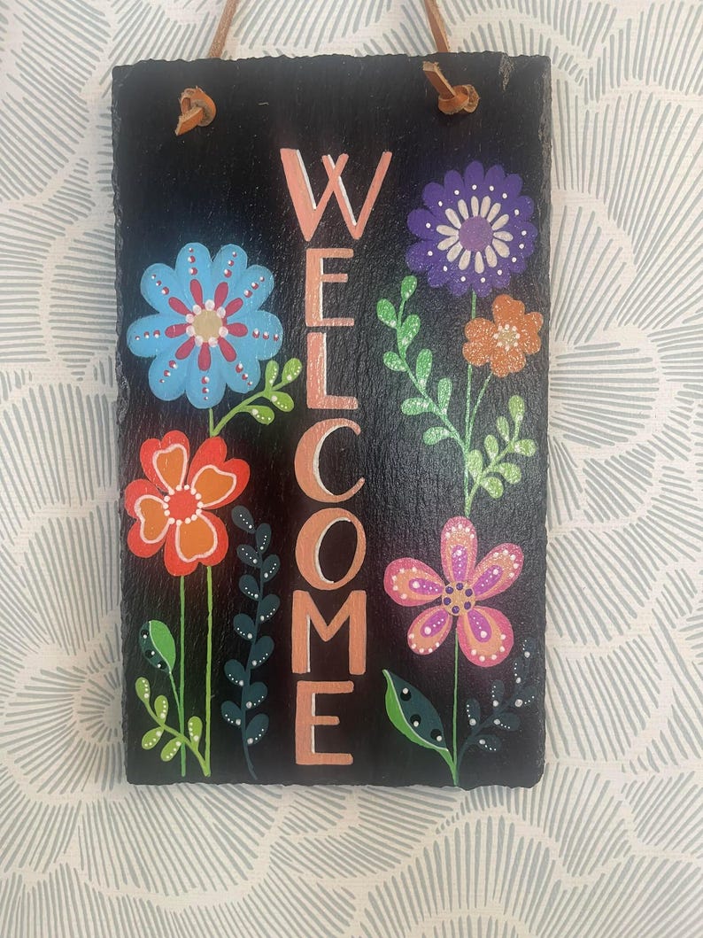 10X6 Small Welcome Sign Painted Slate, Outdoor Sign, Hanging Sign ...