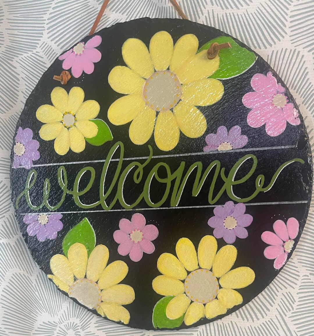 Large Round Painted Slate Welcome Sign With Pastel Flowers, Haning Sign ...