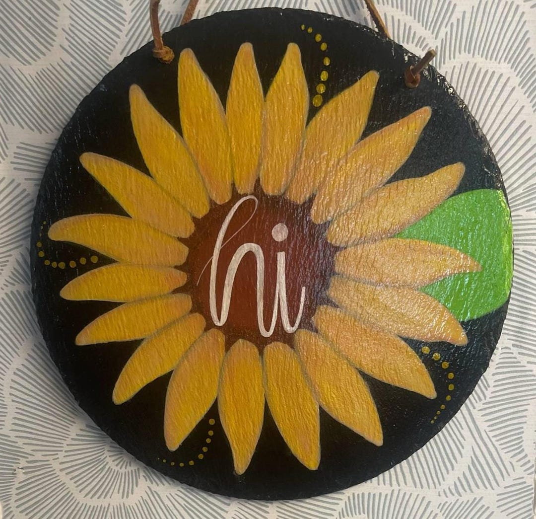 Round Sunflower Painted Slate Sign - Welcome Sign - Outdoor Hanging ...