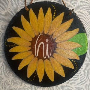 Round Sunflower Painted Slate Sign - Welcome Sign - Outdoor Hanging ...