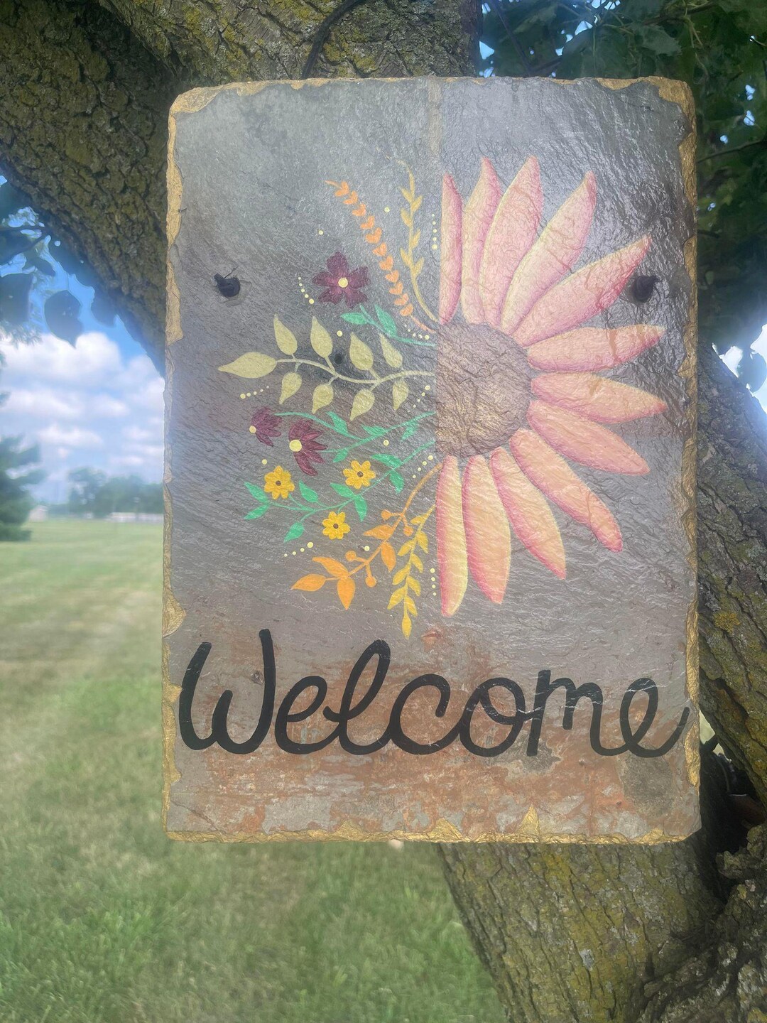 Sunflower and Wildflower Welcome Painted Slate Sign. Home Decor ...