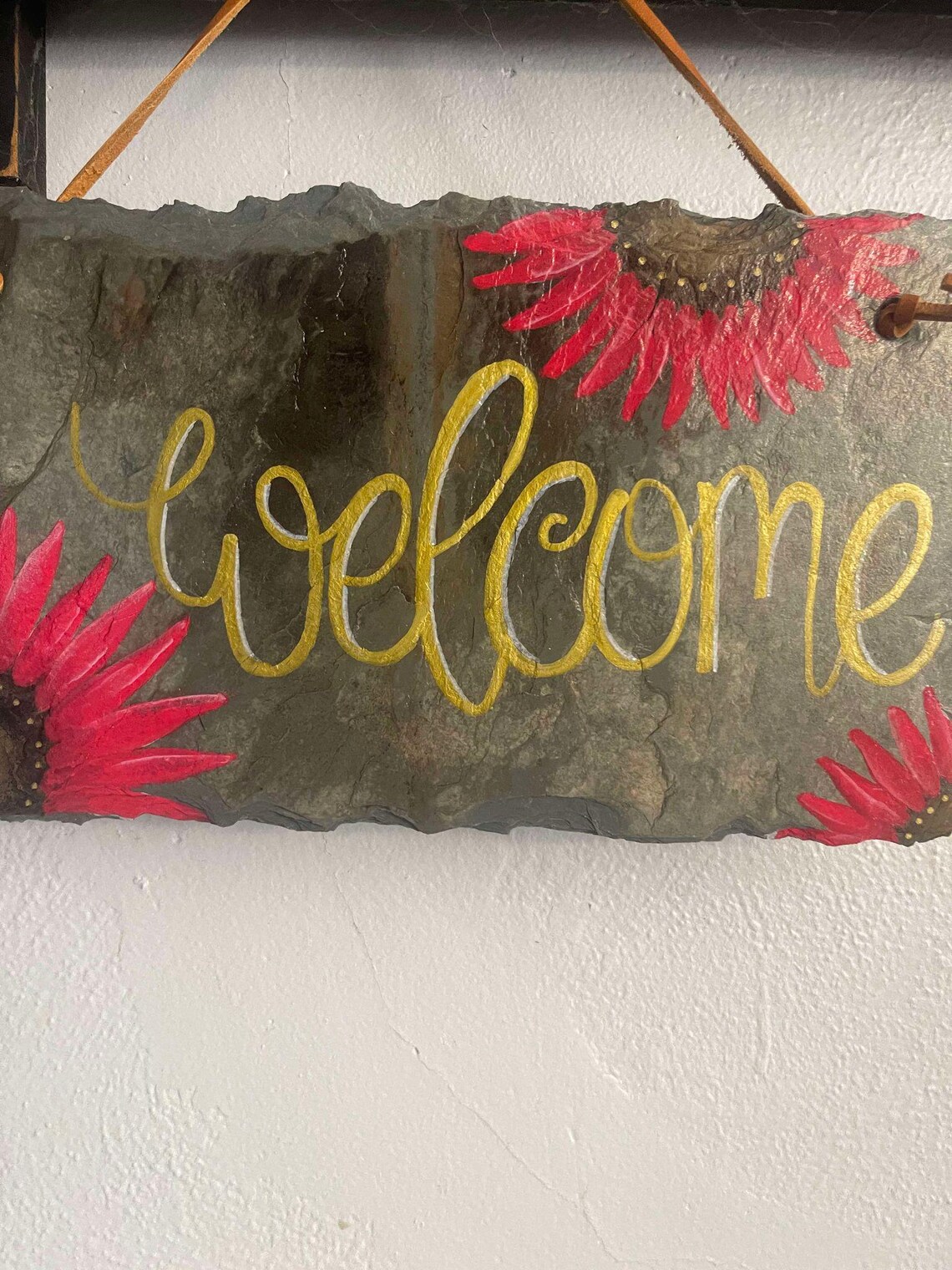 Red Flower Painted Slate Welcome Sign, Outdoor Slate Sign, Porch Sign ...