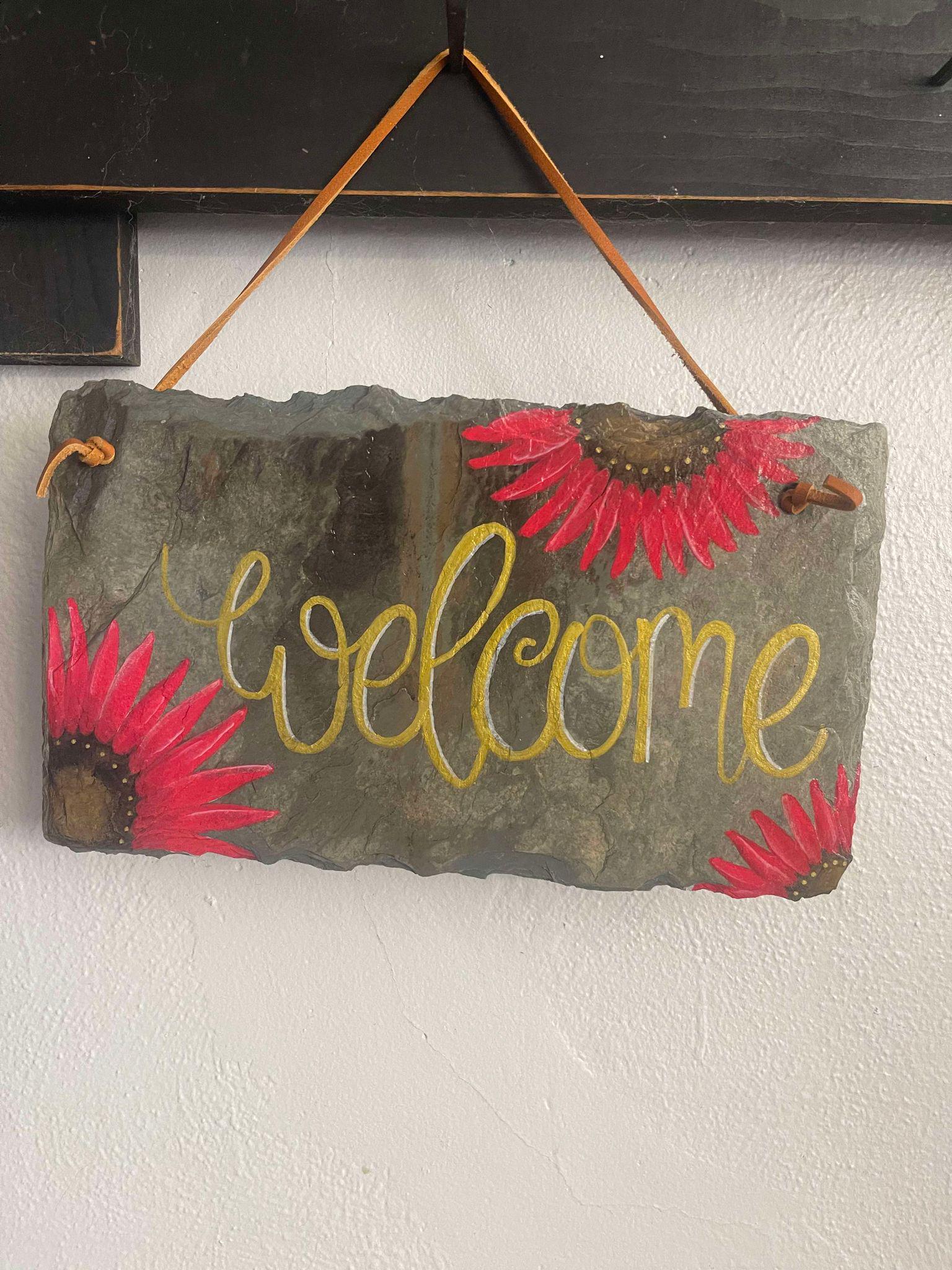 Red Flower Painted Slate Welcome Sign, Outdoor Slate Sign, Porch Sign ...