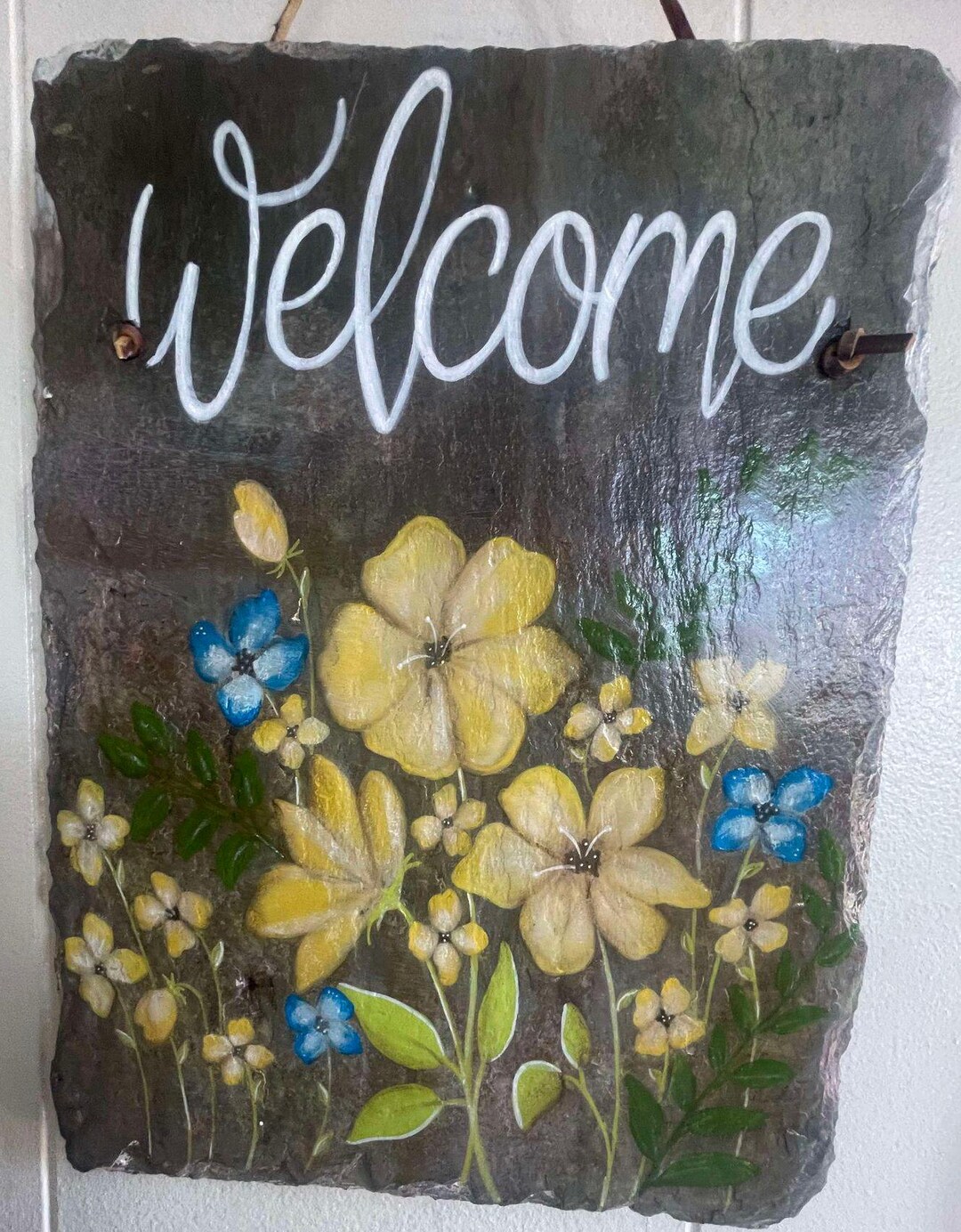 Painted Slate Welcome Sign, Hanging Door Sign, Outdoor Sign, Porch or ...