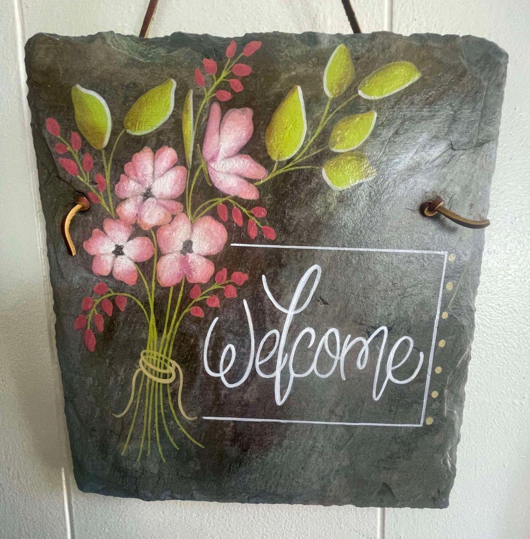 Pink Flower Welcome Painted Slate Sign. Welcome Sign, Door Sign ...