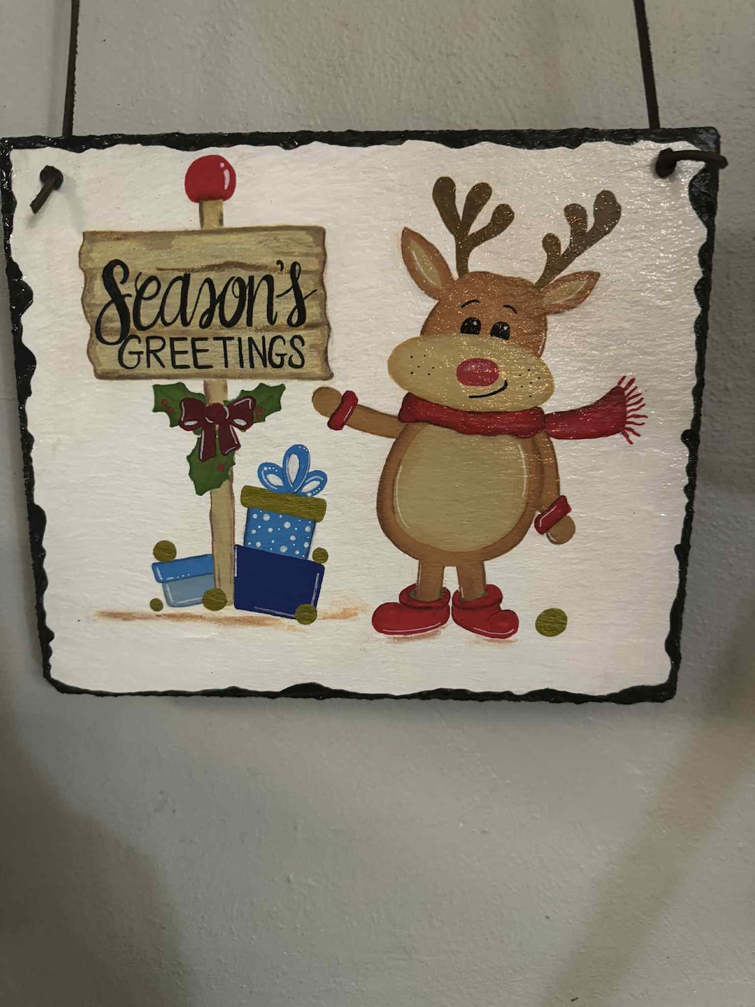 Painted Slate “season’s Greetings” Sign – Reindeer With Gifts – Hand ...