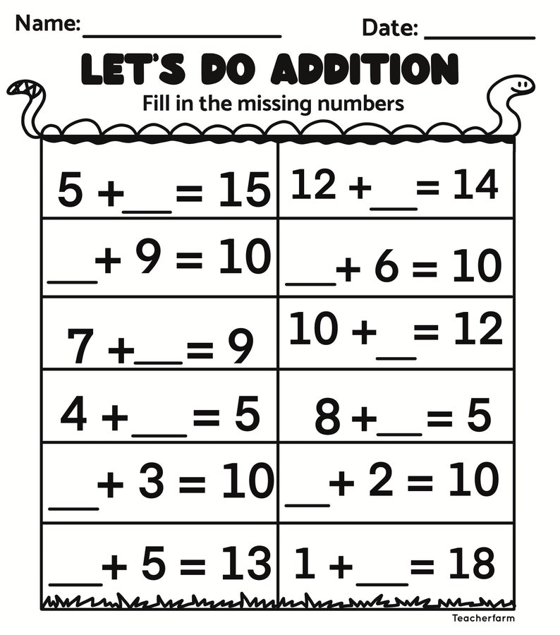 10 Printable Addition Kindergarten Teacher Packet Worksheet (numbers 1 ...
