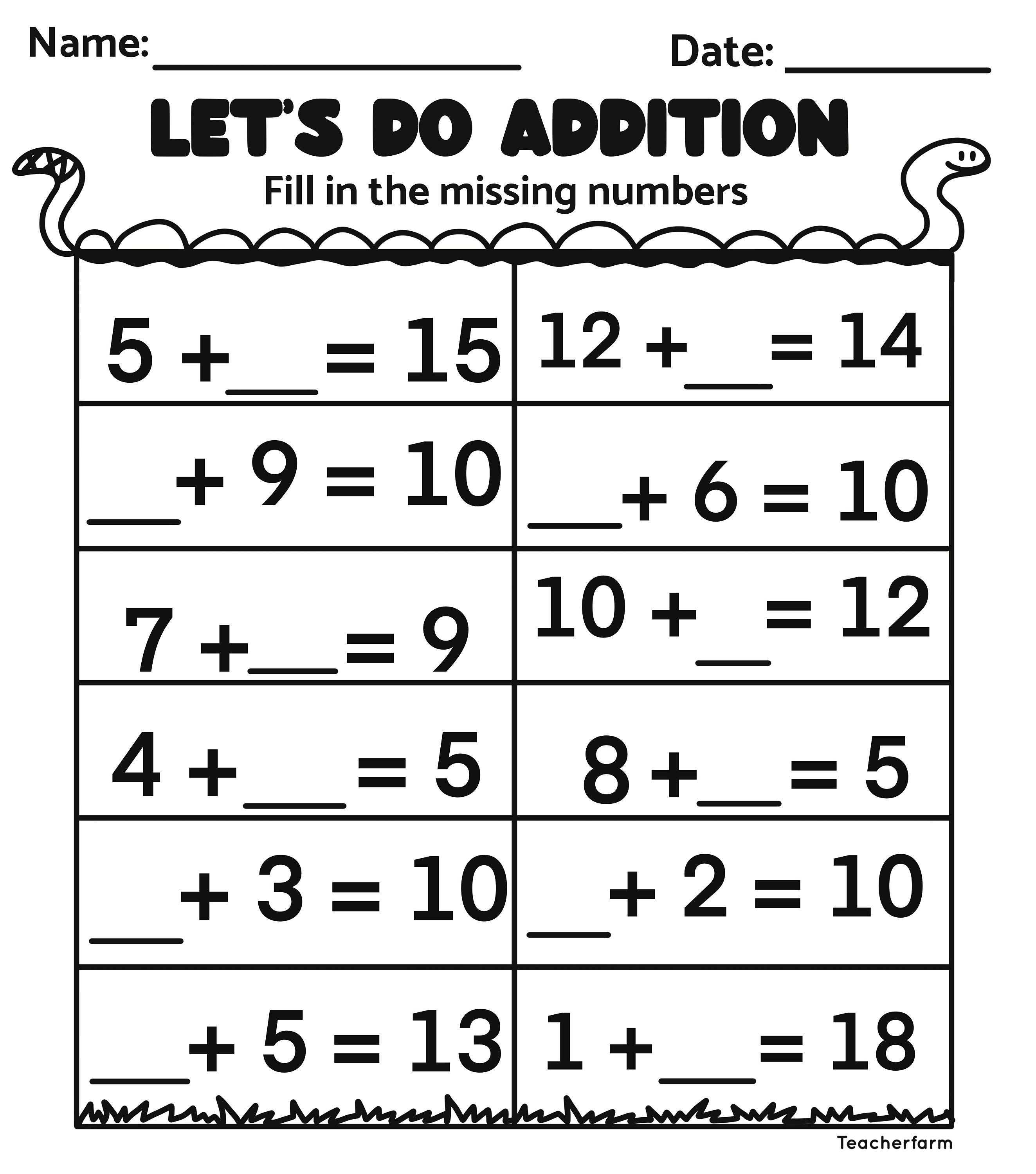 10 Printable Addition Kindergarten Teacher Packet Worksheet (numbers 1 ...
