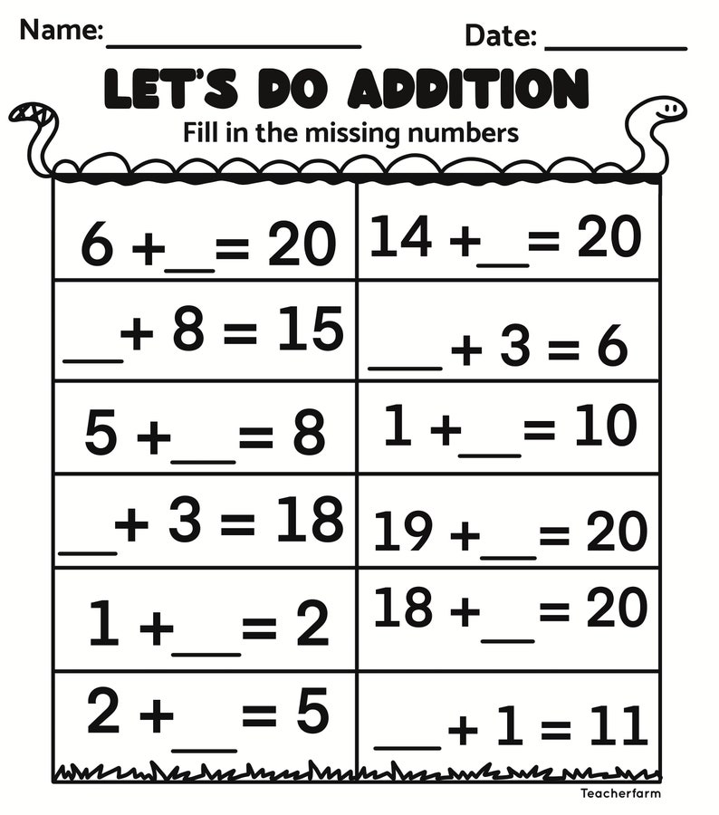 10 Printable Addition Kindergarten Teacher Packet Worksheet (numbers 1 ...