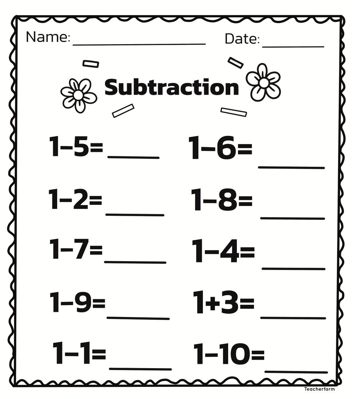 10 Subtraction Printable Teaching Worksheets 1-10, 1st Grade Math, Math ...