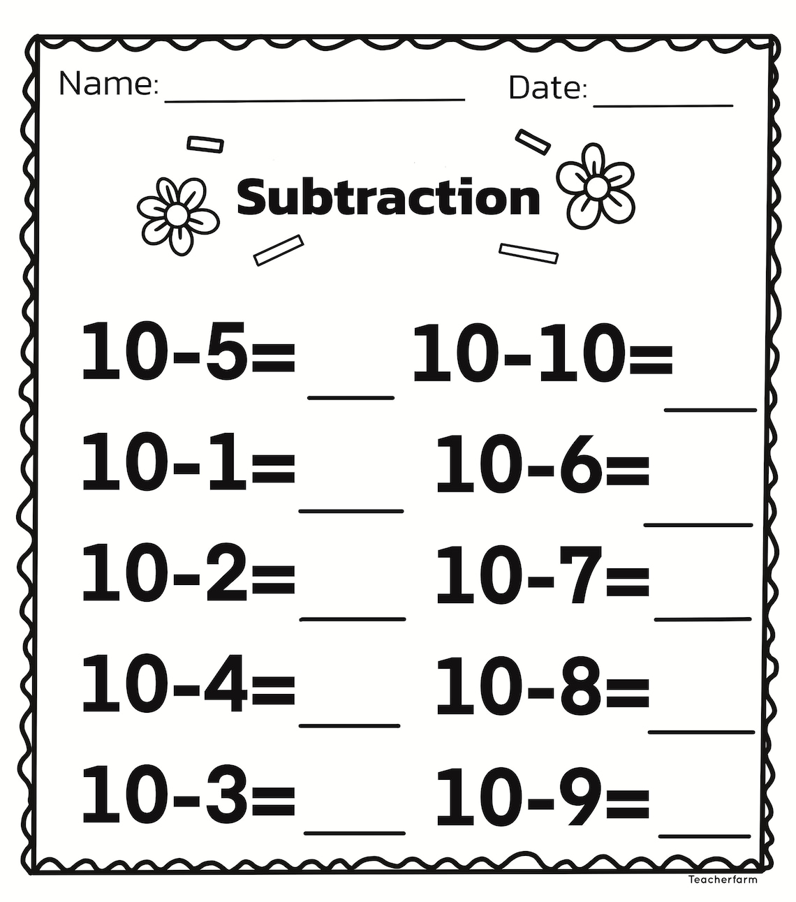 10 Subtraction Printable Teaching Worksheets 1-10, 1st Grade Math, Math ...