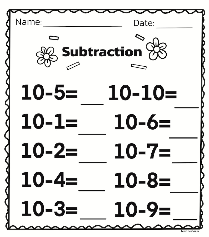 10 Subtraction Printable Teaching Worksheets 1-10, 1st Grade Math, Math ...