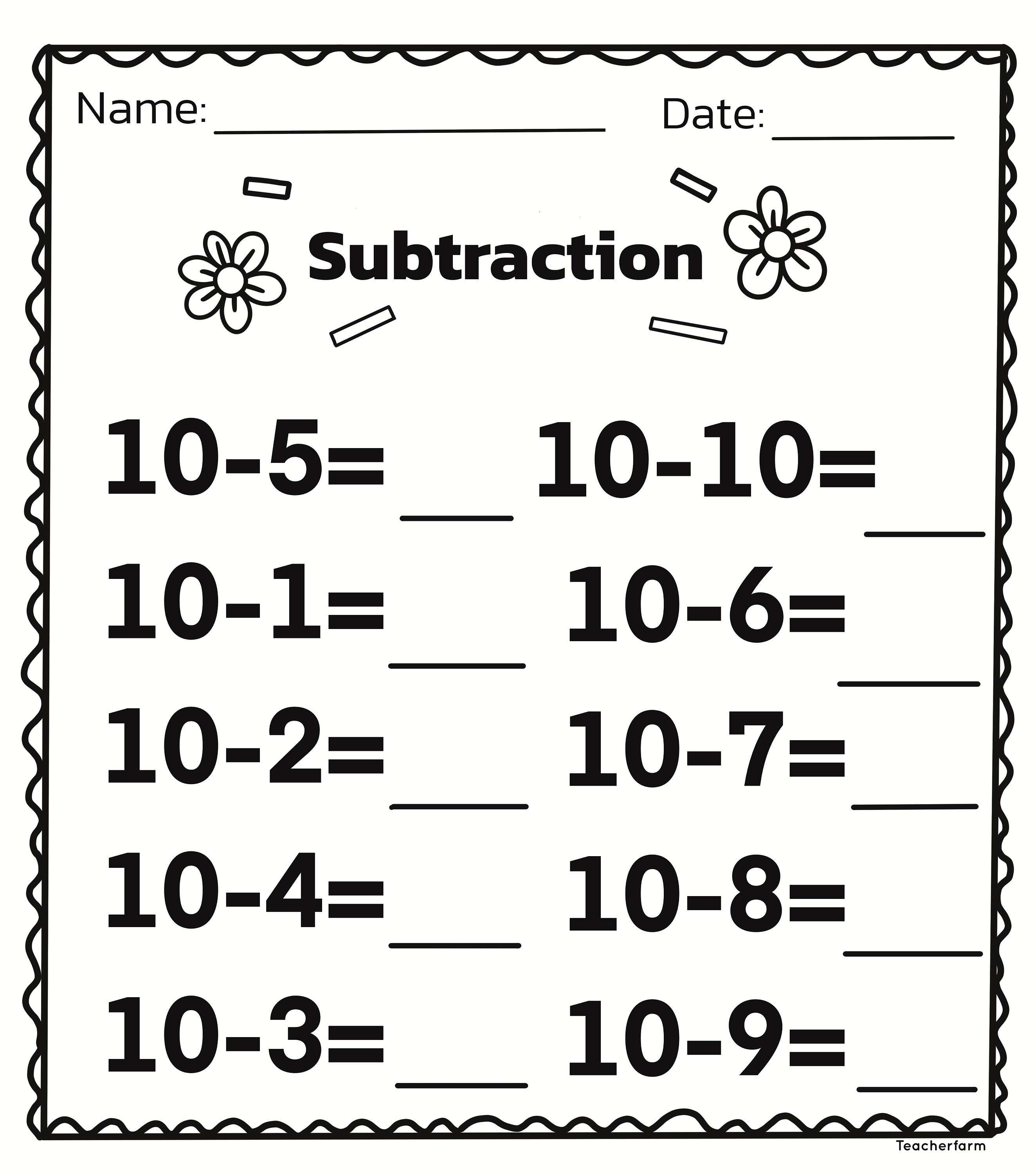 10 Subtraction Printable Teaching Worksheets 1-10, 1st Grade Math, Math ...