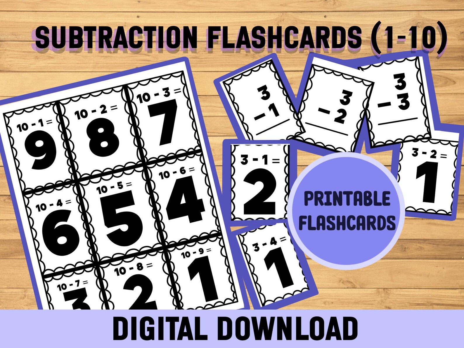 20 Subtraction Flashcards Worksheets Digital Download, Fun Easy Math ...