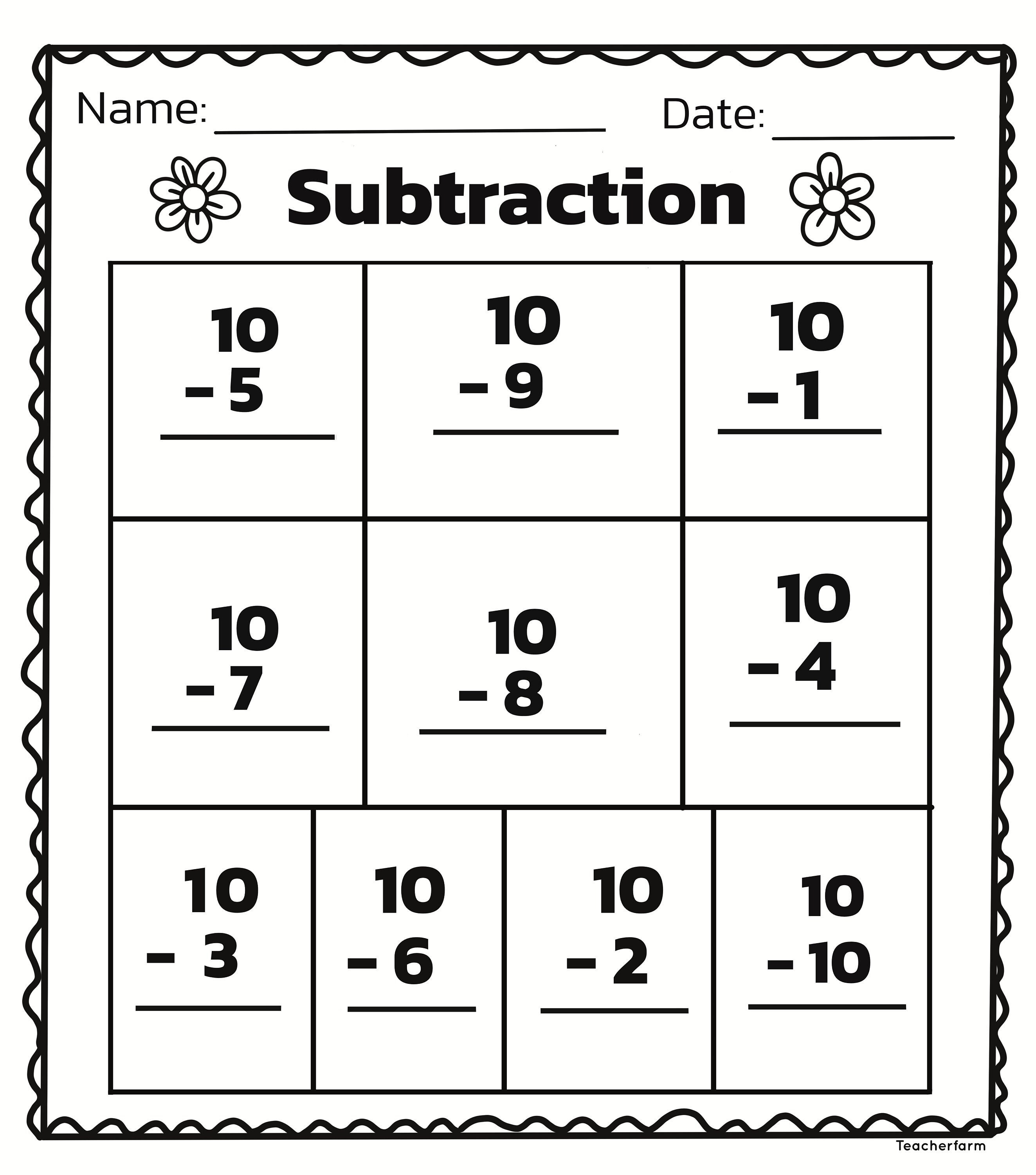 10 Printable Subtraction Teacher Worksheets, 1st-2nd Grade Easy Math ...