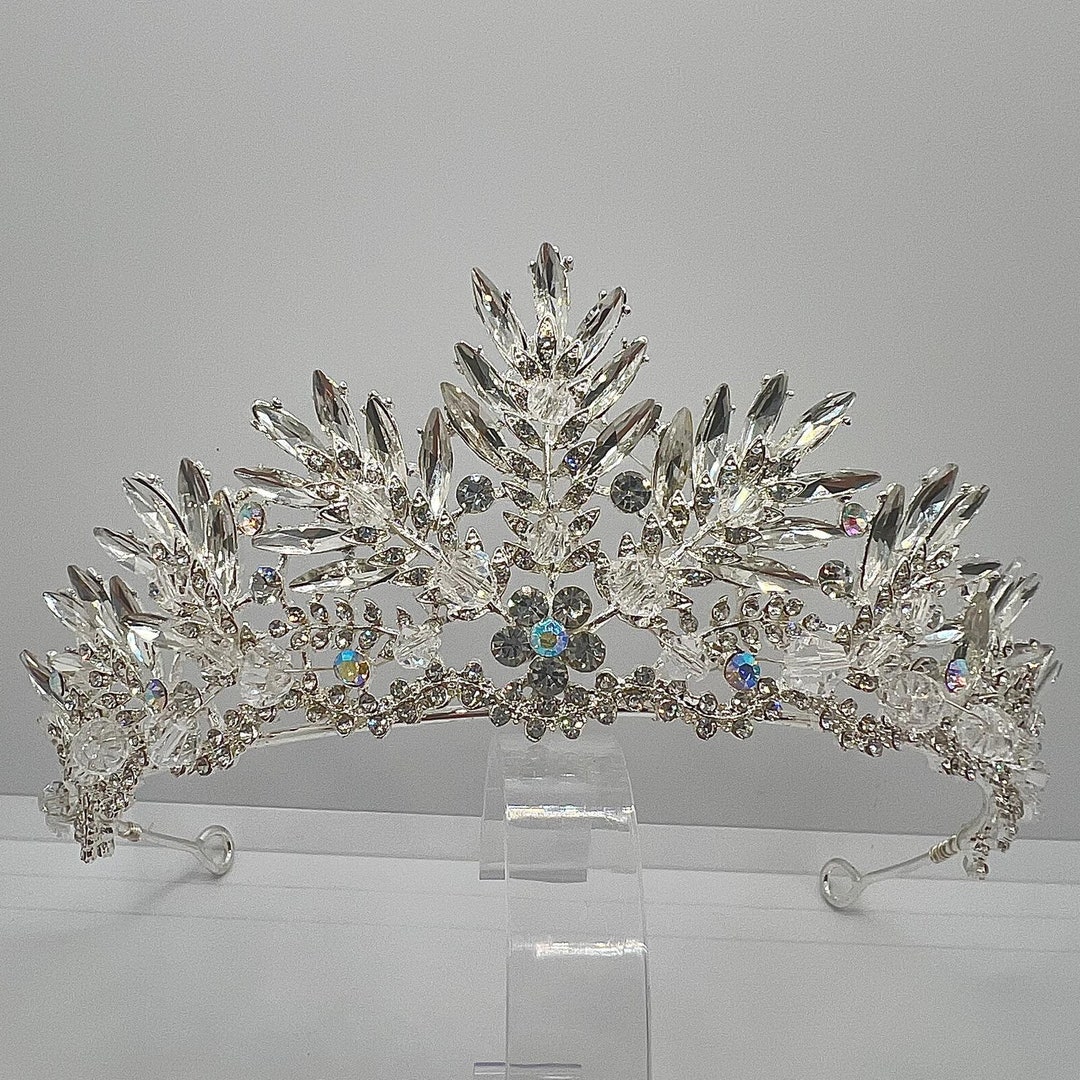 Tiara Crystal Crown Queen Diadem in Silver With Iridescent Rhinestones ...