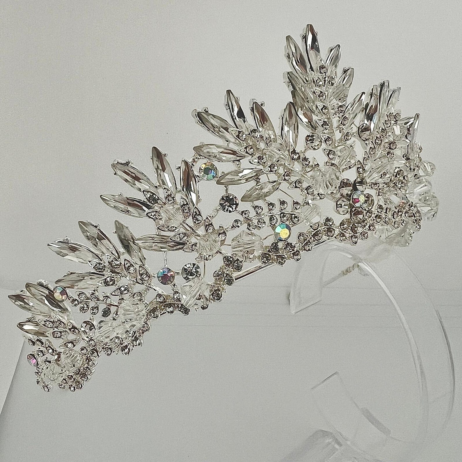 Tiara Crystal Crown Queen Diadem in Silver With Iridescent Rhinestones ...