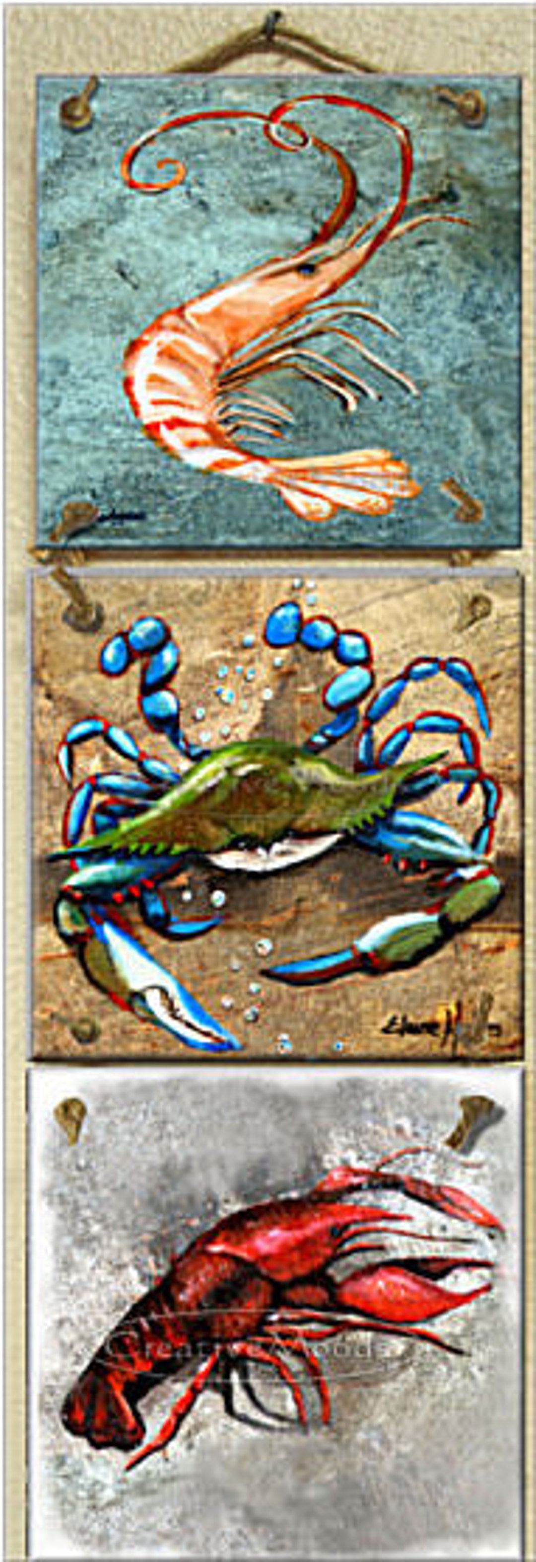 3 Tile Wall Decor Original Art Crustacean, Sea Creatures Crab, Shrimp ...