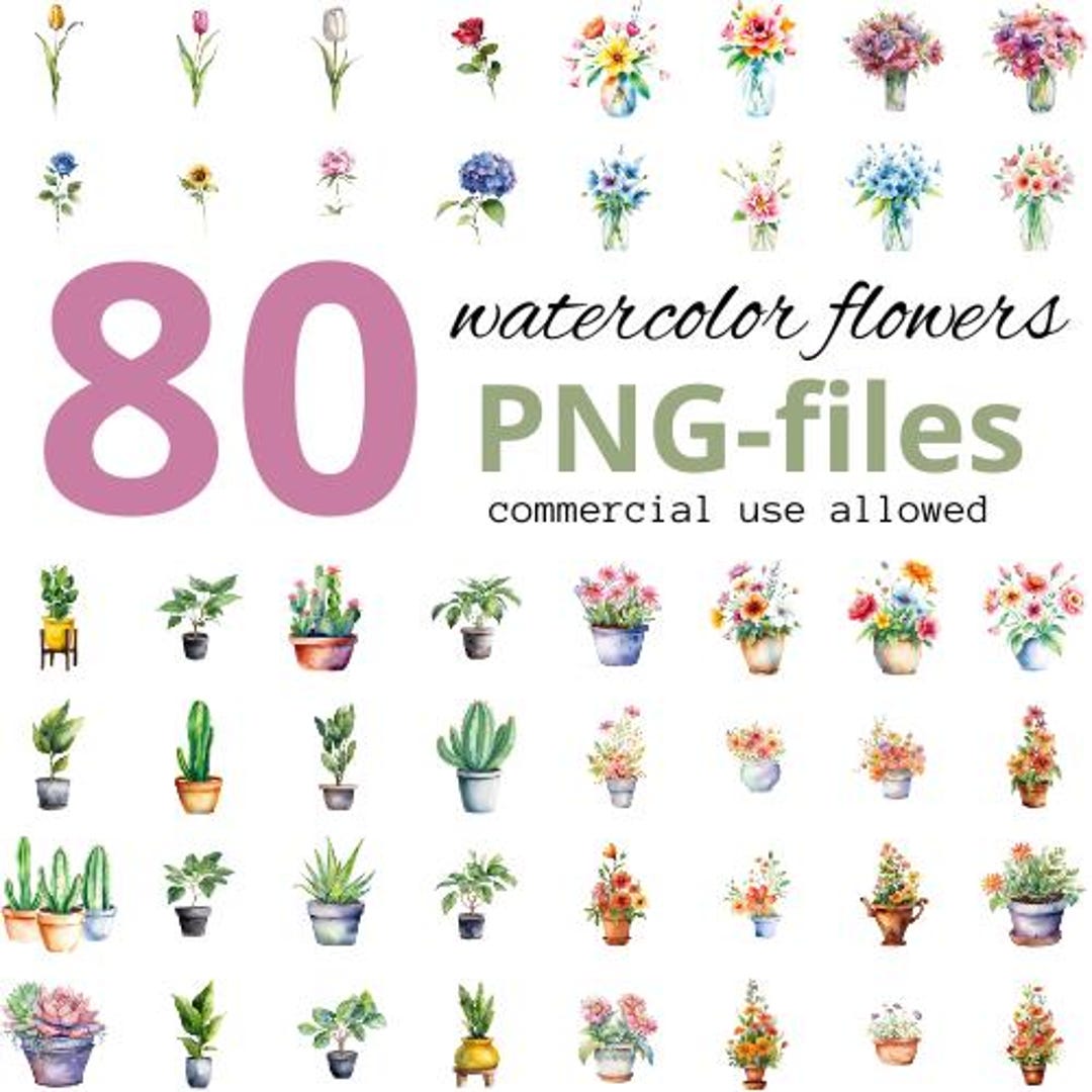 80 Watercolor Flower Clip Art Bundle, Wildflowers Clipart, Flower ...