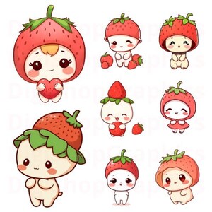 Cute Strawberry Clipart Bundle - 8 Cute Kawaii PNG Clipart Set, Kawaii ...