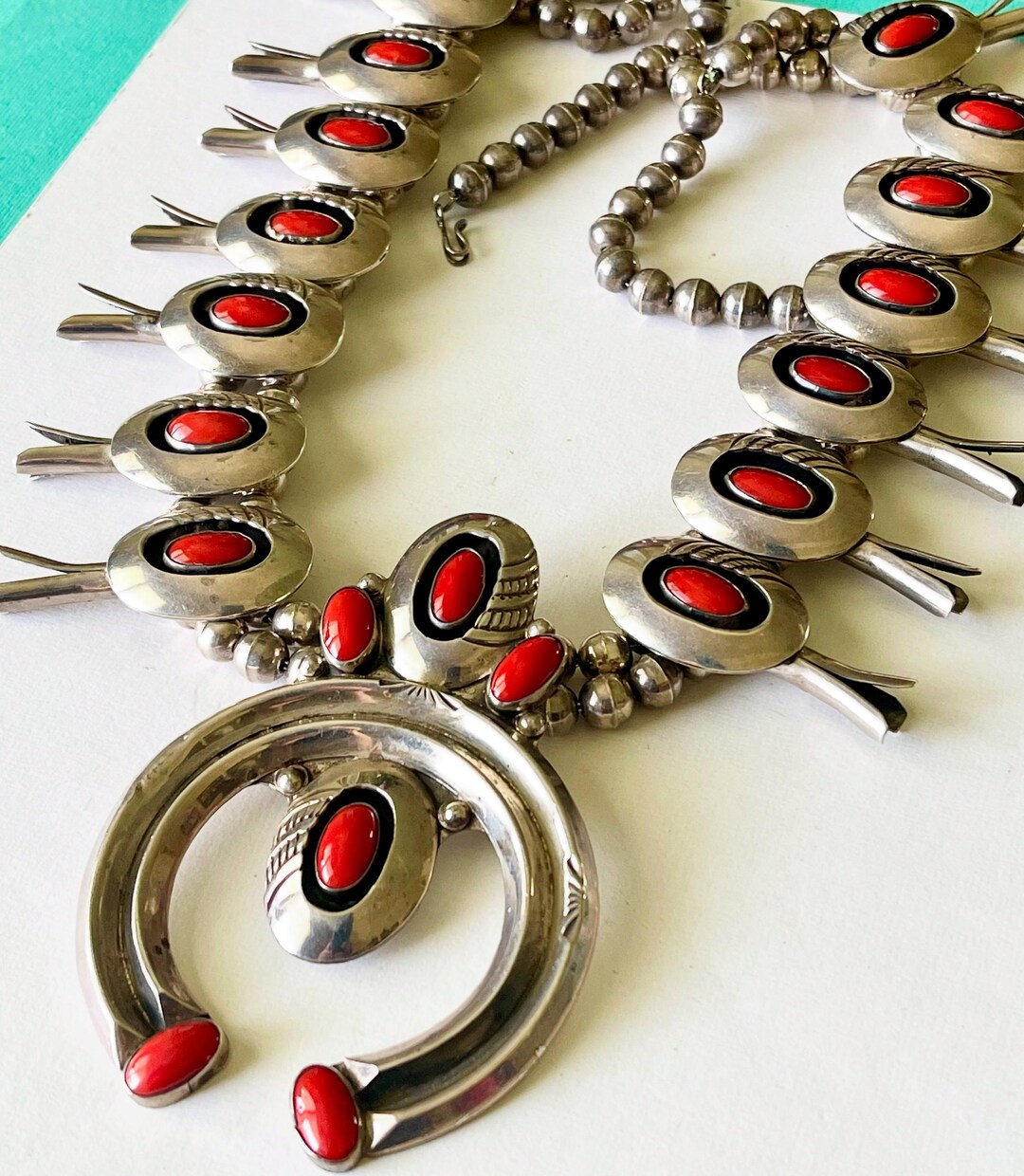 Vintage Navajo (dine’) Tim Kee Whitman Red Coral & Sterling Squash ...