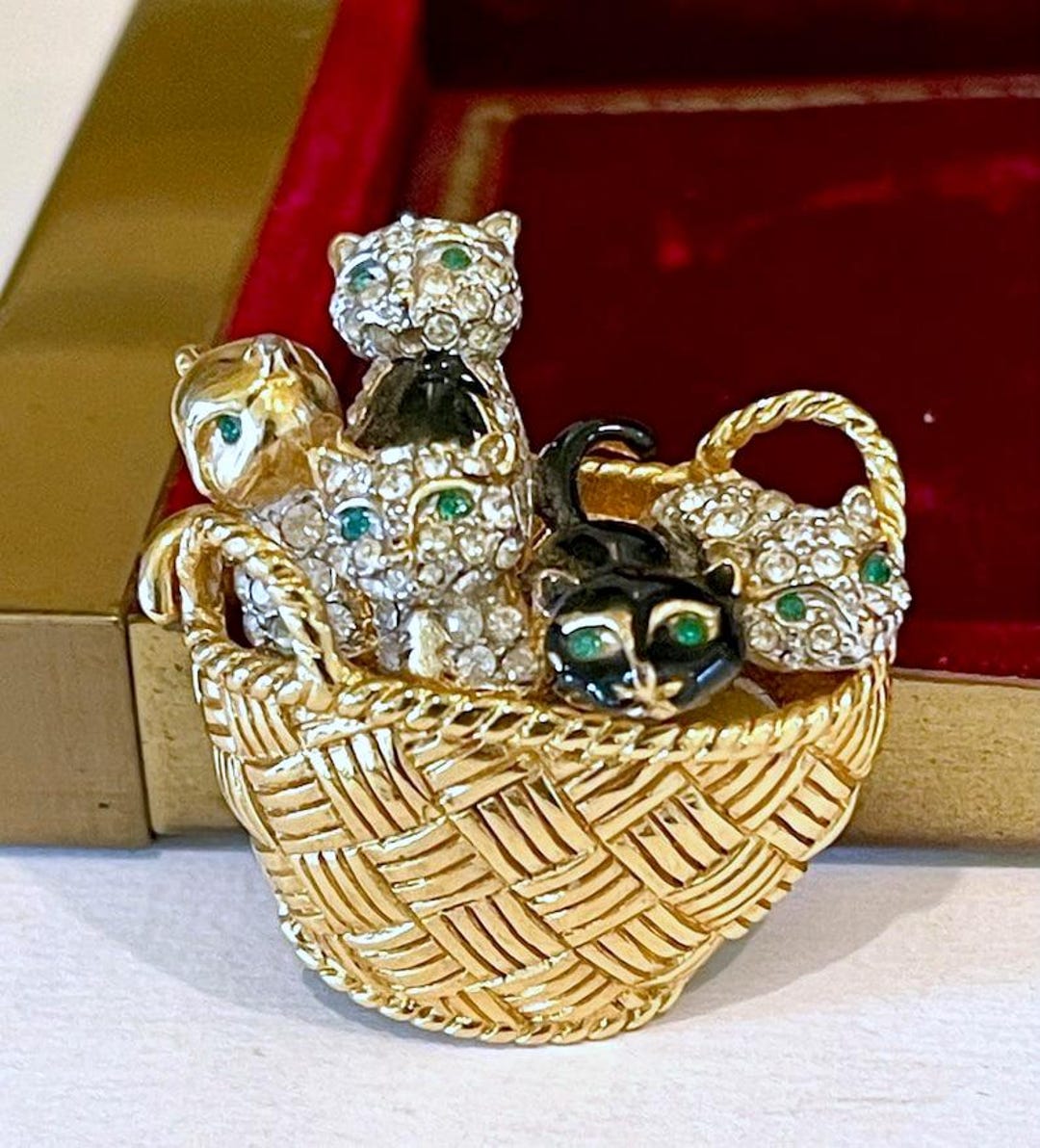 Vintage Carolee Kittens in a Basket Rhinestone Brooch - Etsy