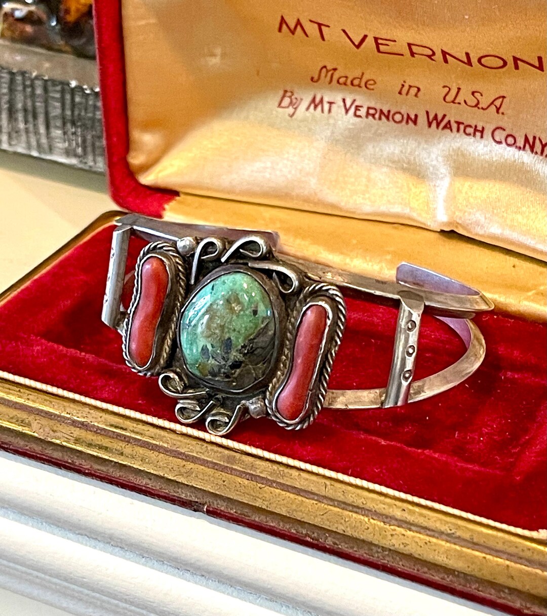 Vintage Navajo Red Coral & Turquoise Sterling Silver Cuff - Etsy