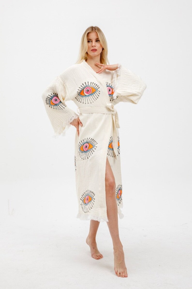 Evil Eye Kimono Robe, Ethnic Kaftan,organic Cotton Bathrobe, Muslin ...