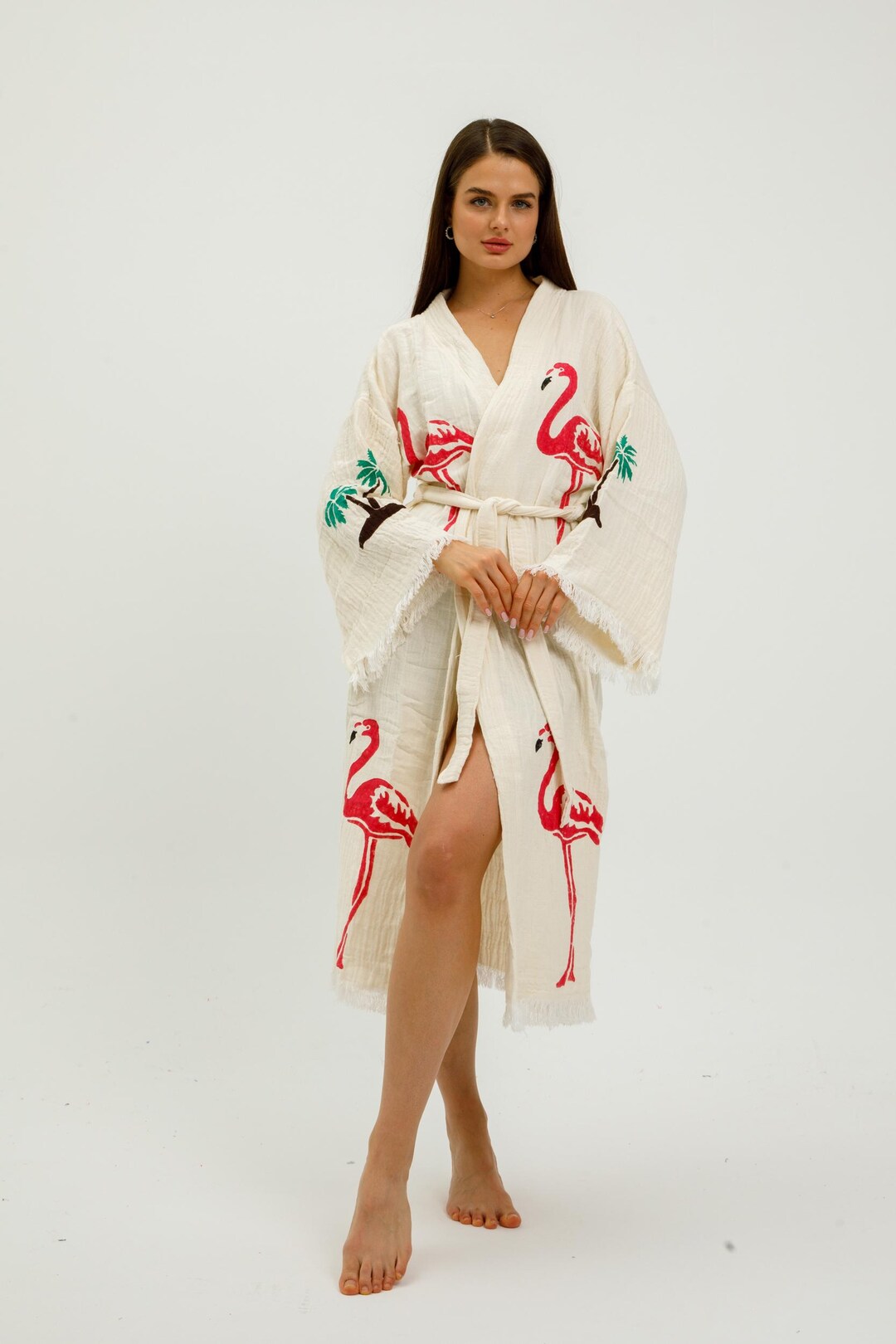 Cotton Robe,flamingo Print Bath Robe, Kaftan,organic Cotton Muslin Robe ...